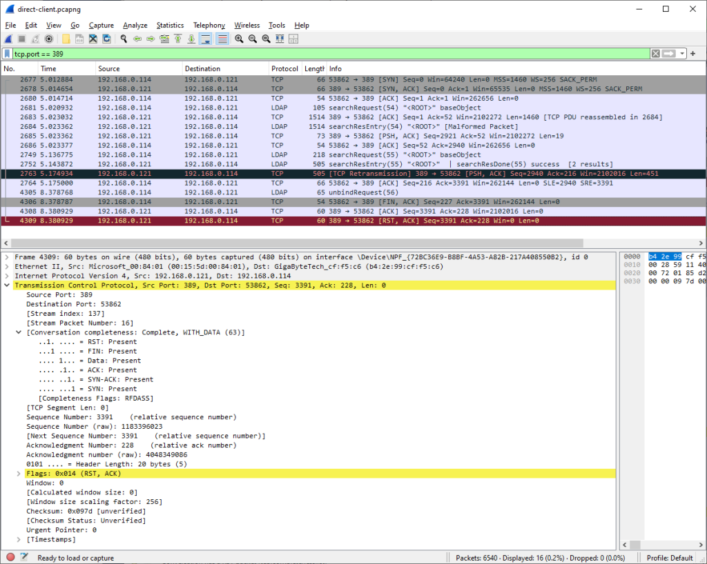 Active Directory close LDAP connections with [RST, ACK] instead of [FIN ...